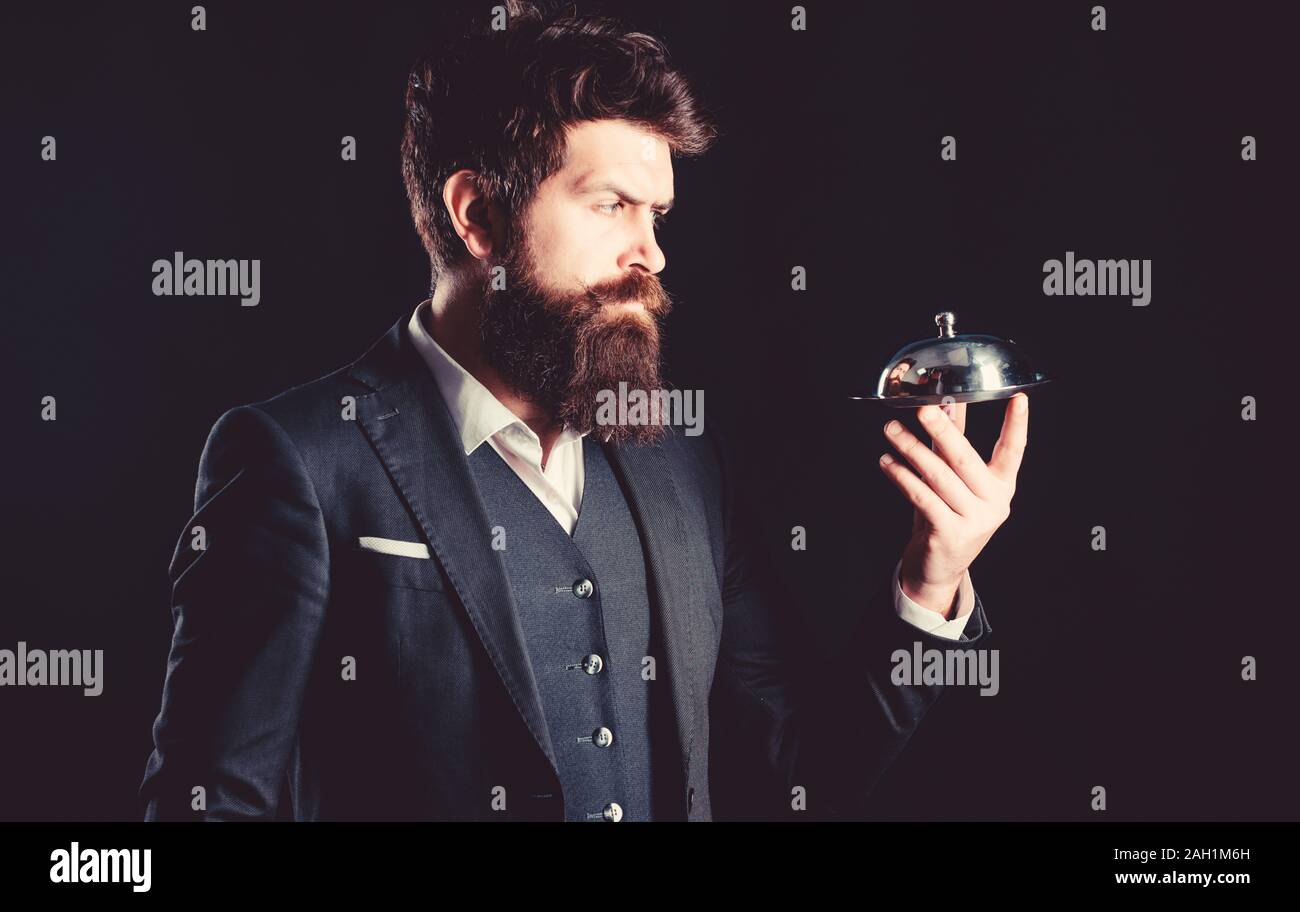 Man well groomed bearded gentleman formal suit hold little cloche ...