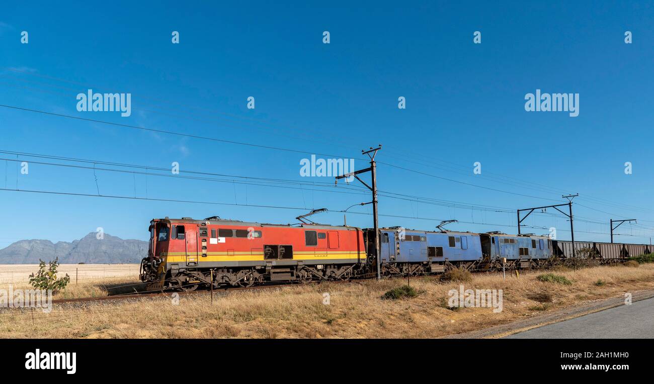Hermon, South Africa. 2019. Freight train hauling wagons through ...
