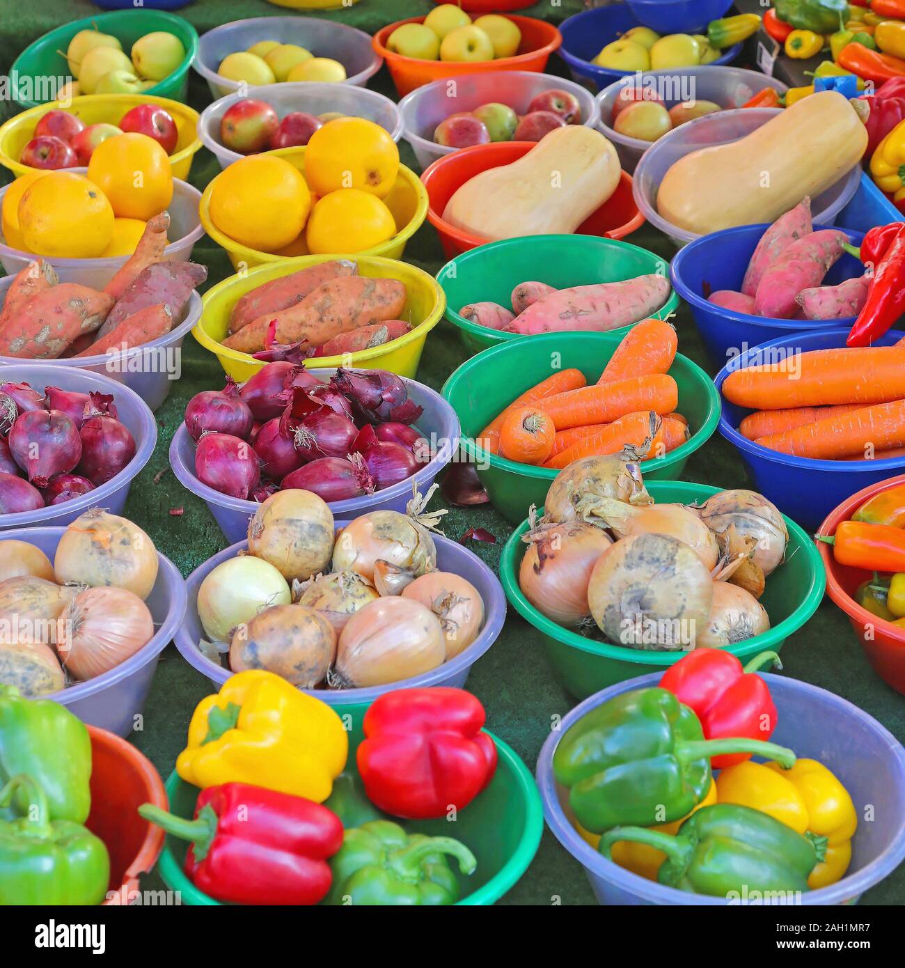 Vegetables and Fruits in Plastic Trays at Farmers Market Stock Photo ...