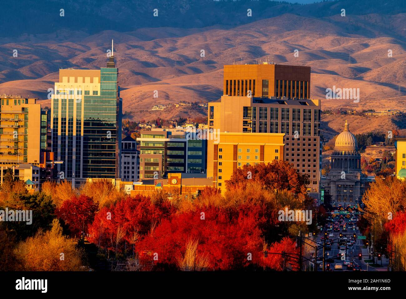Sunsetting over the city of Boise Idaho with fall colored trees Stock ...