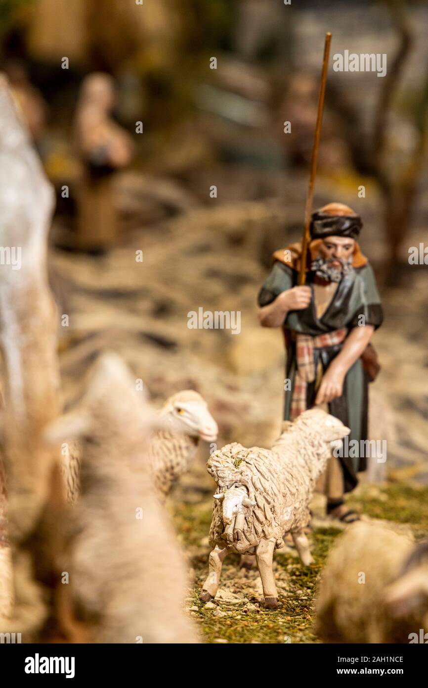 Nativity scene showing the village of Bethlehem with details from the ...