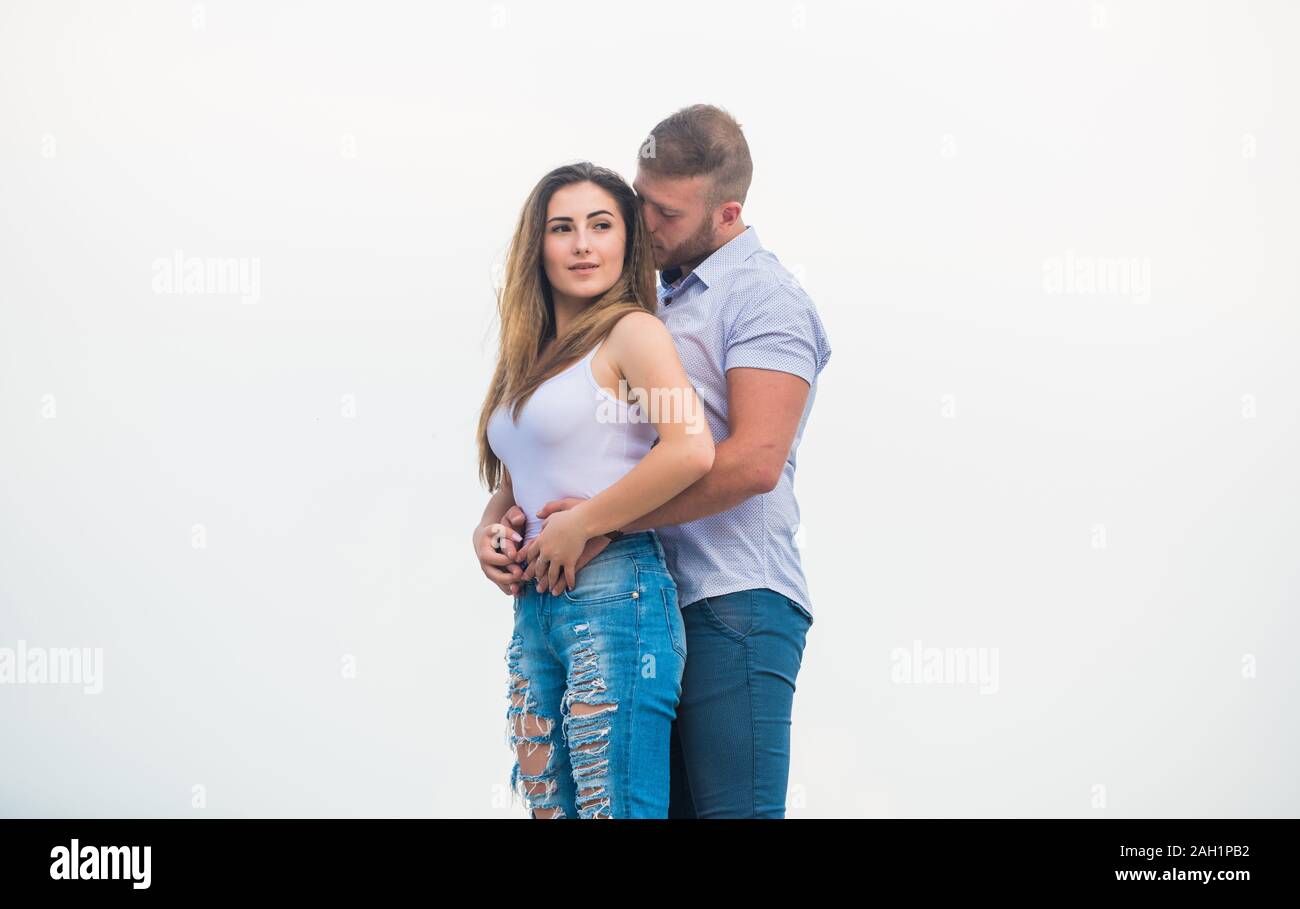 Couple in love. Cute relationship. Man and woman cuddle nature ...