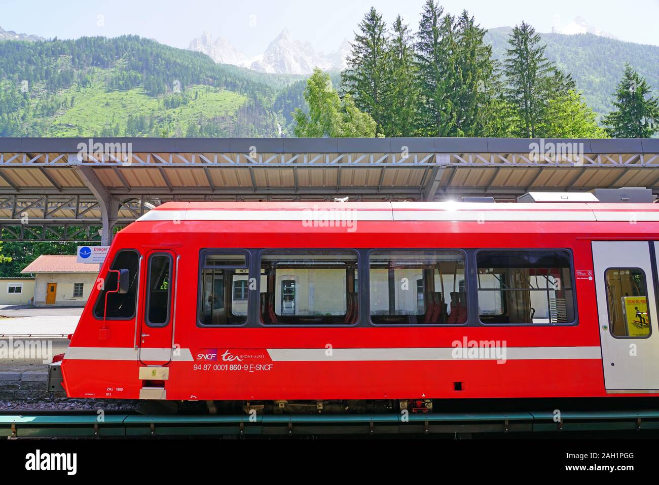 CHAMONIX, FRANCE -26 JUN 2019- View of a red SNCF Ter train at the Gare ...