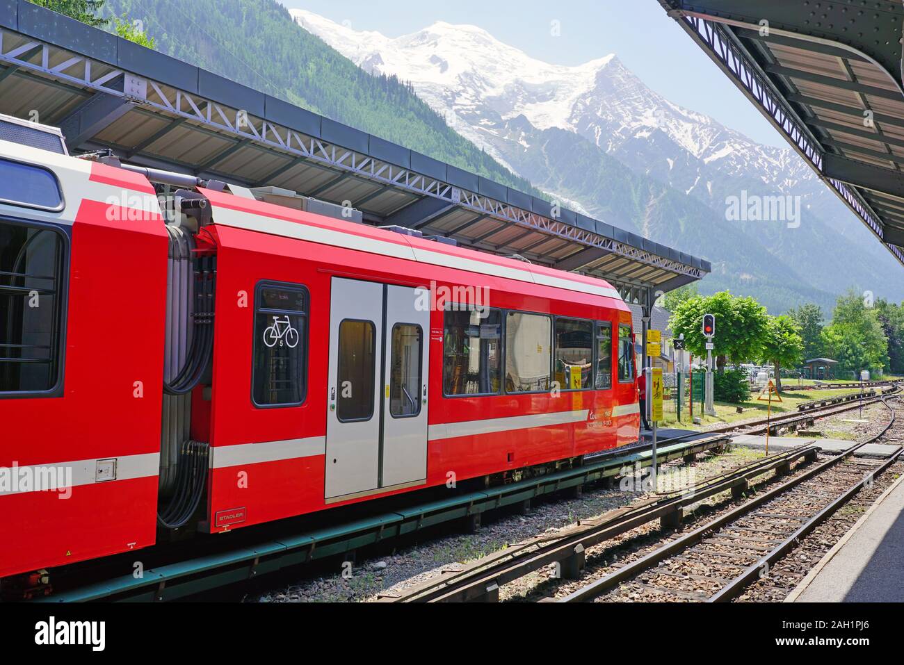 CHAMONIX, FRANCE -26 JUN 2019- View of a red SNCF Ter train at the Gare ...