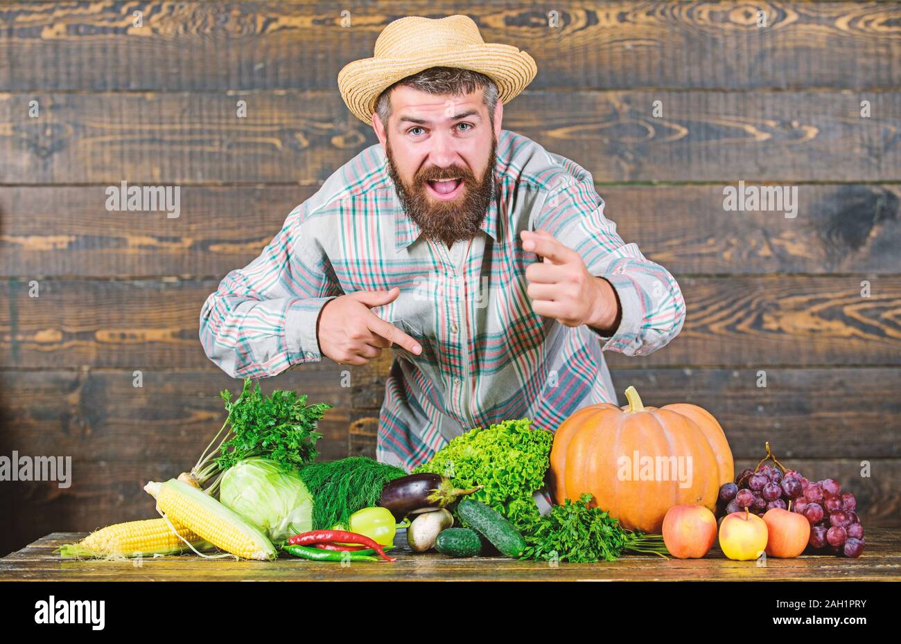 Lots of vitamin. man chef with rich autumn crop. seasonal vitamin food ...