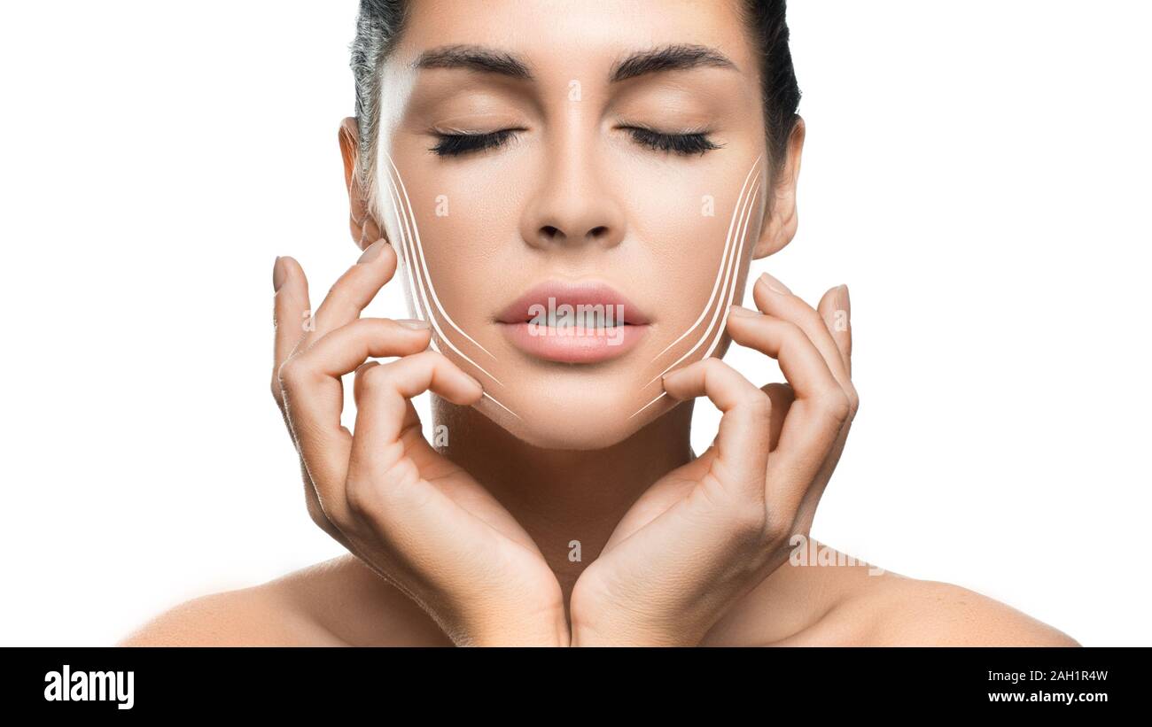 Cllse up portrait of a woman touching her face on white background ...