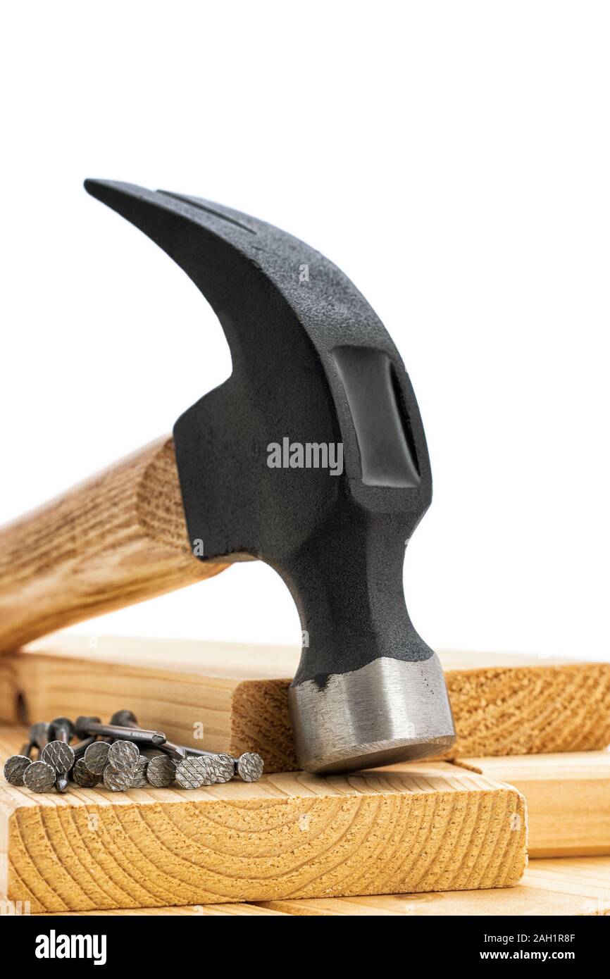 Close-up of a carpenter's hammer on white background. Construction ...