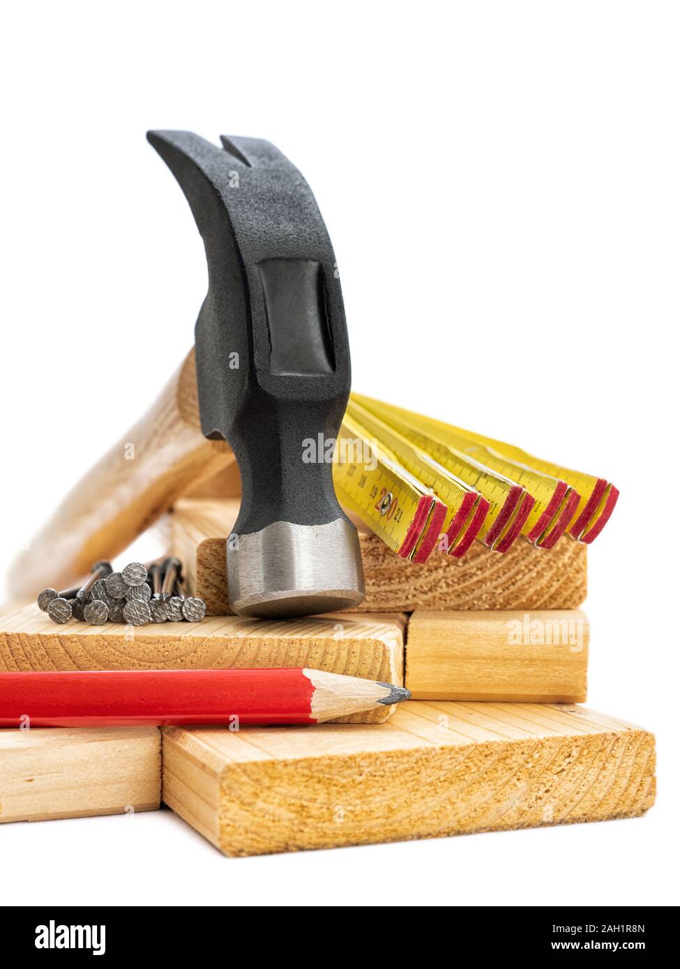 Close-up of hammer and carpenter's tools on a white background ...