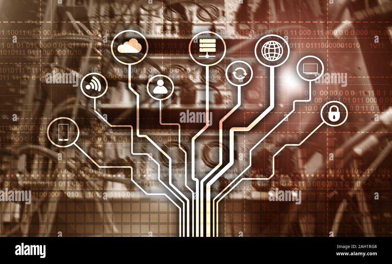 Telecommunication concept. Binary code on large data center background ...