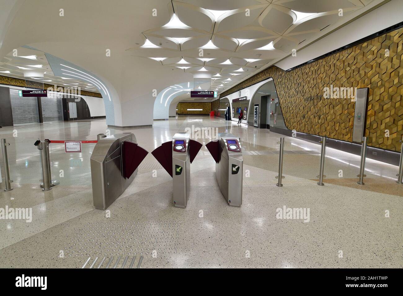 Doha, Qatar - Nov 20. 2019. Turnstiles in interior of Al Bidda metro ...