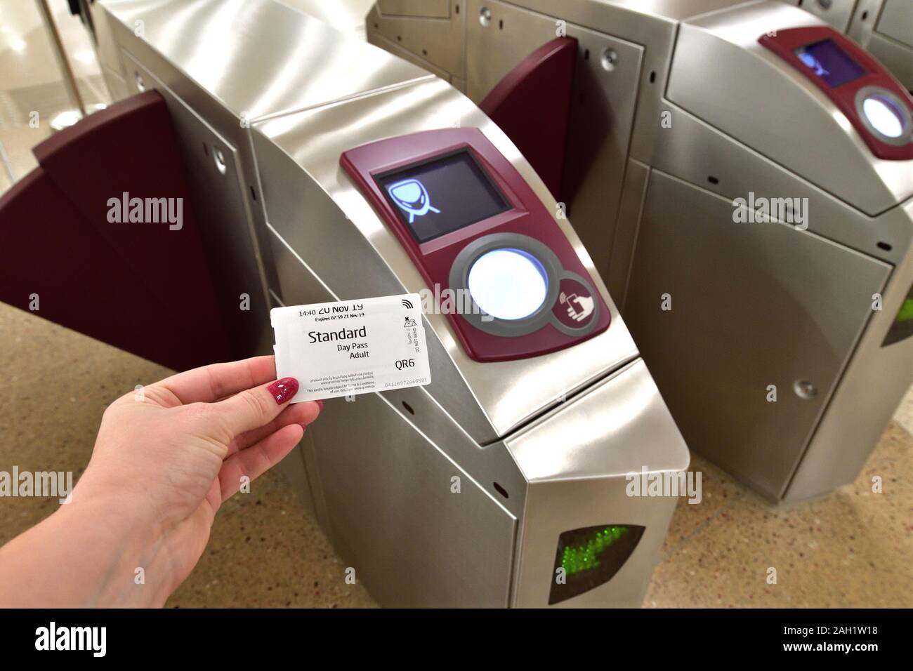 Doha, Qatar - Nov 20. 2019. Turnstiles in interior of Al Bidda metro ...