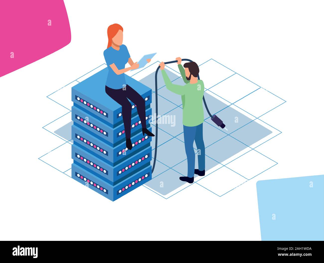 big data colorful design with man and woman sitting on data center ...