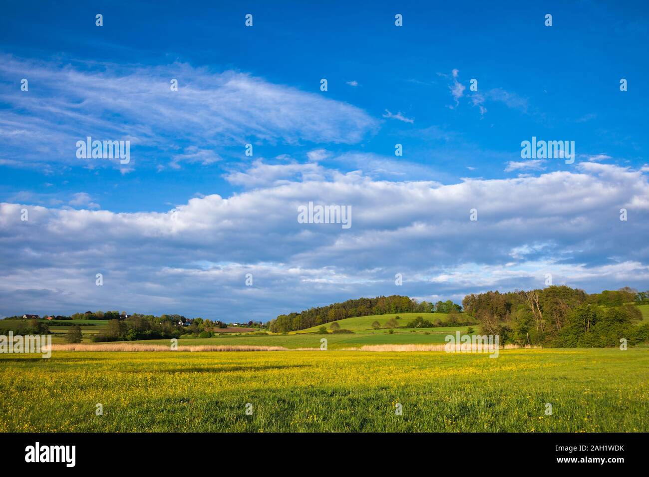 Bavarian spring rural landscape with green field and small village in ...