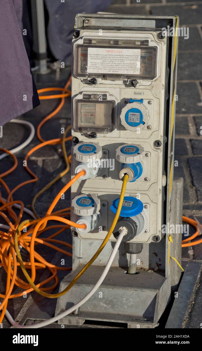 Street electric power terminal connecting food stalls in Stratford ...