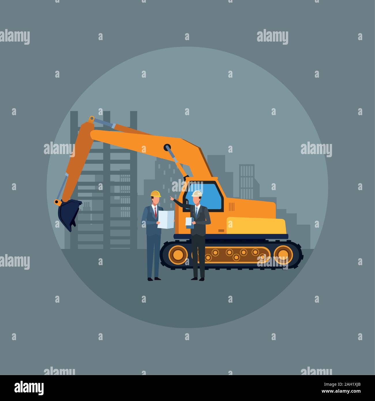 under construction scenery with excavator truck and engineers Stock ...