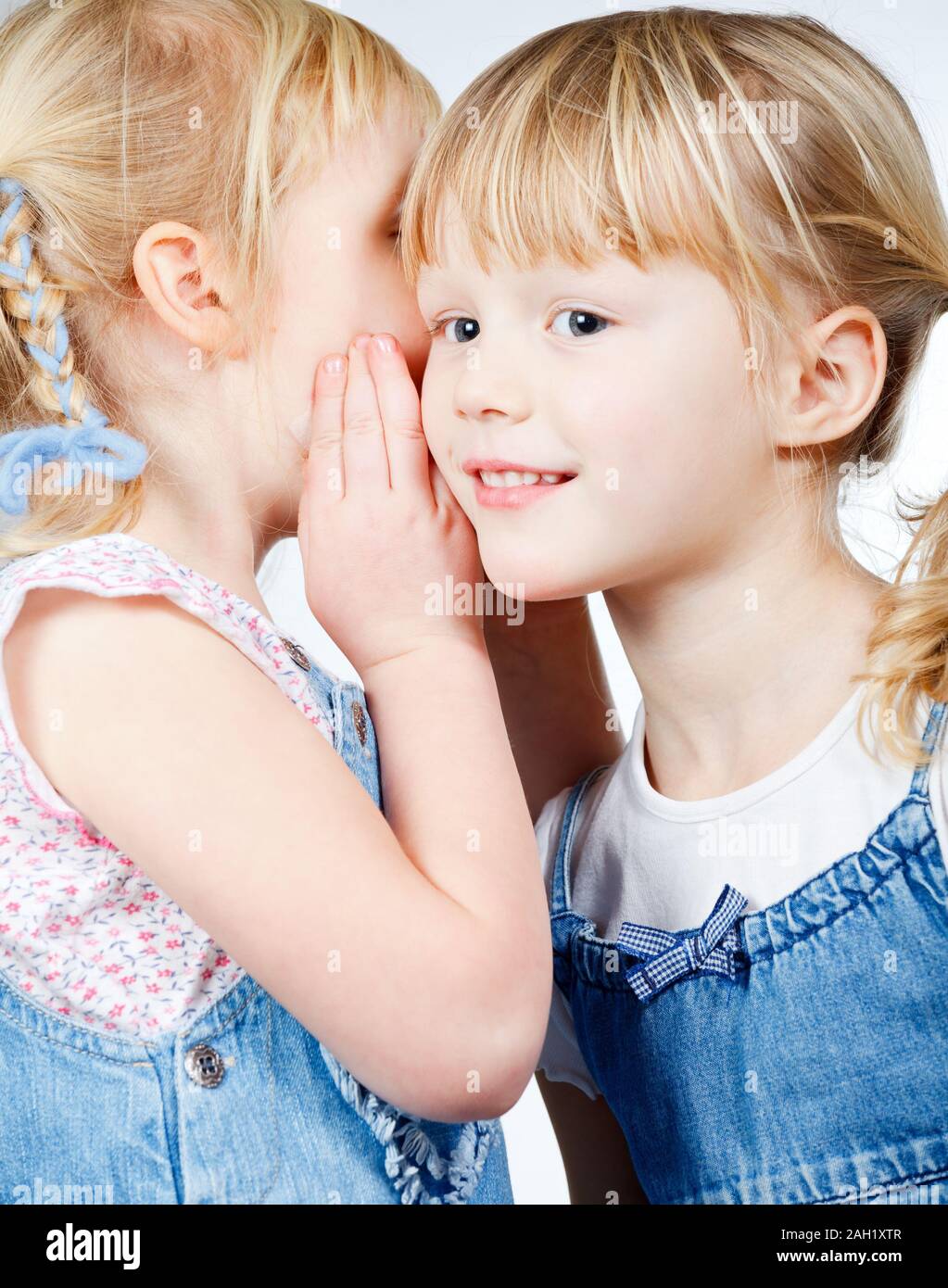 Portrait of little girl telling a secret to her friend over a white ...