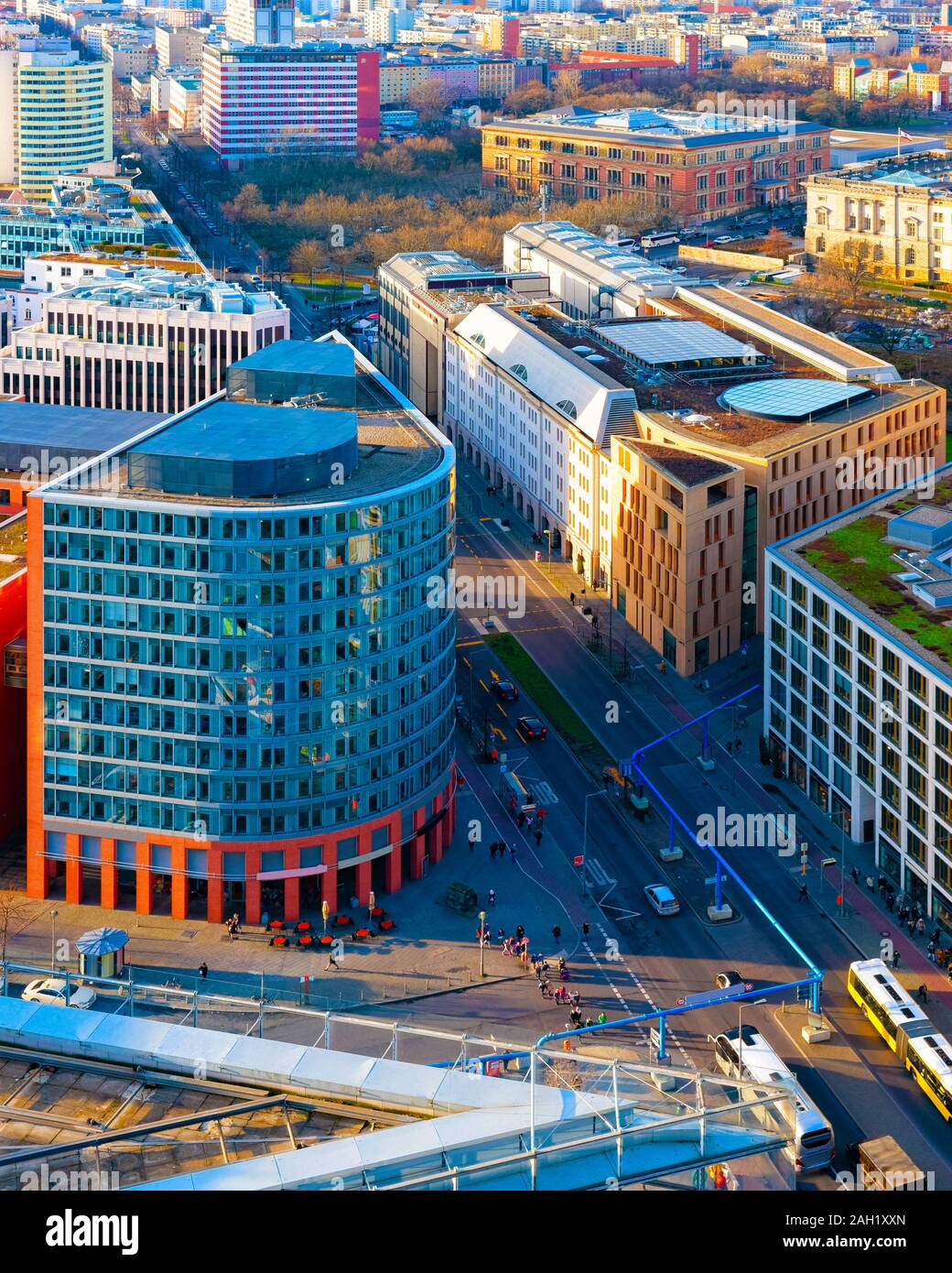 Aerial view on modern building architecture and road Potsdamer Platz ...