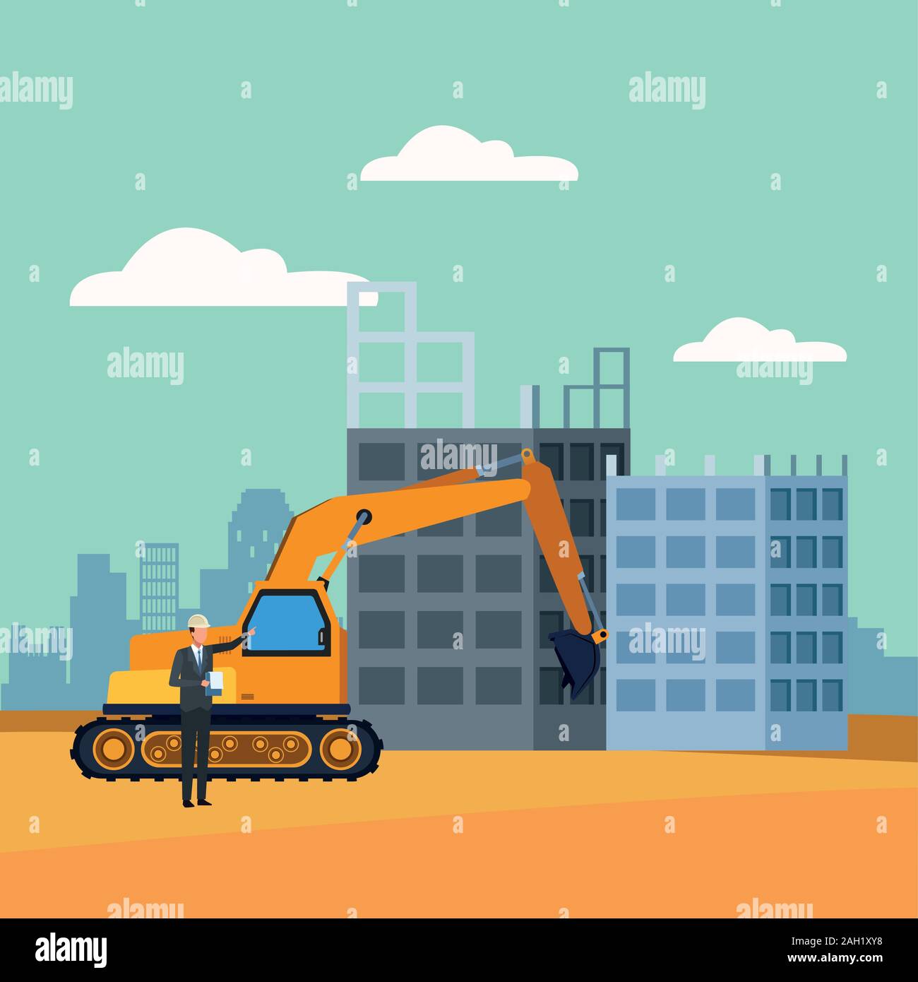 excavator and engineer over under construction scenery Stock Vector ...