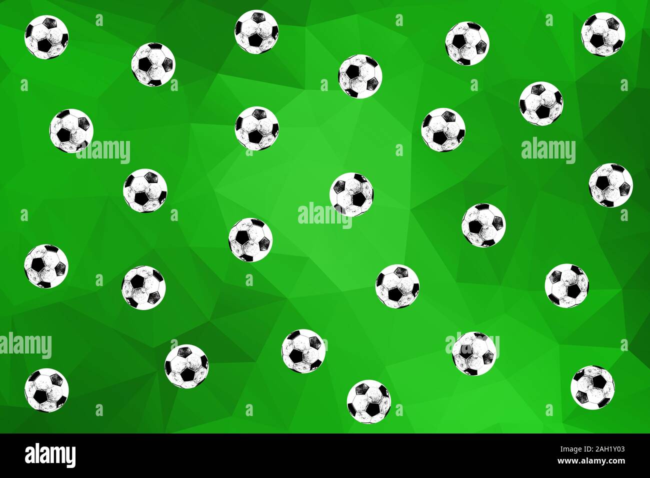 Colorful zine style retro falling football soccer balls on a green ...