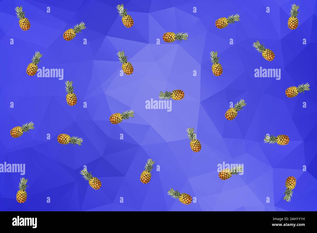 Colorful zine style retro falling pineapples on a blue geometric ...