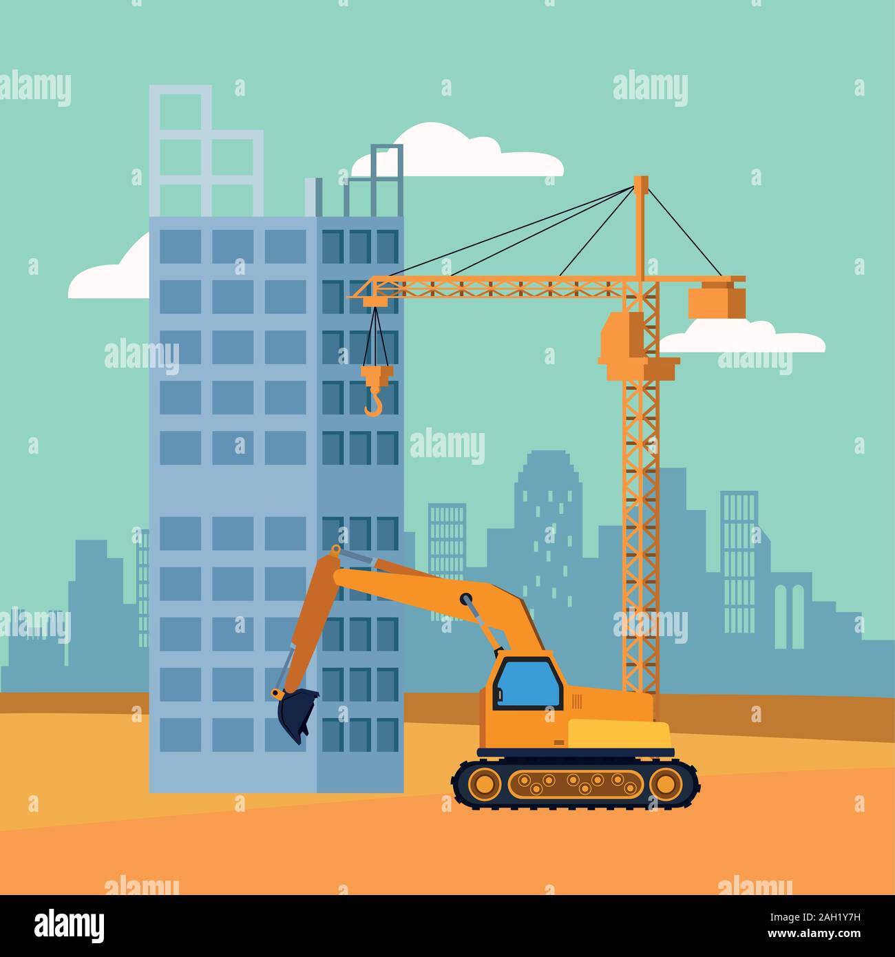 excavator truck and crane over under construction scenery Stock Vector ...