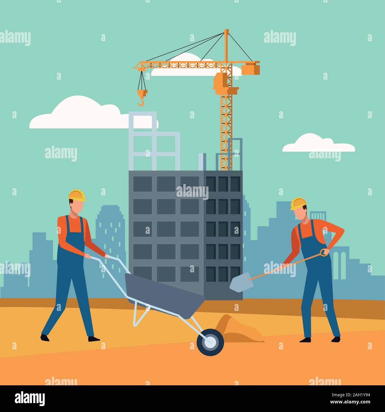 construction workers over under construction scenery background Stock ...