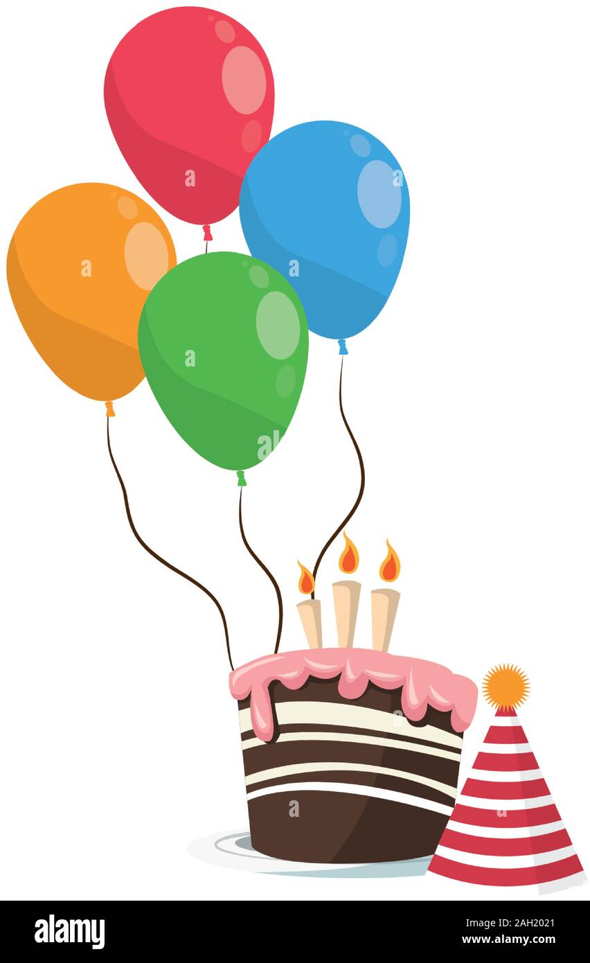 party balloons with birthday cake and hat icon, colorful design Stock ...