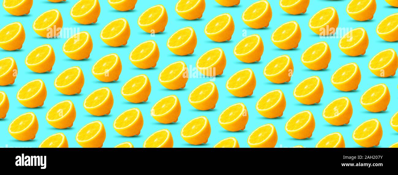 Fresh lemon pattern on a light blue background, panoramic image Stock ...