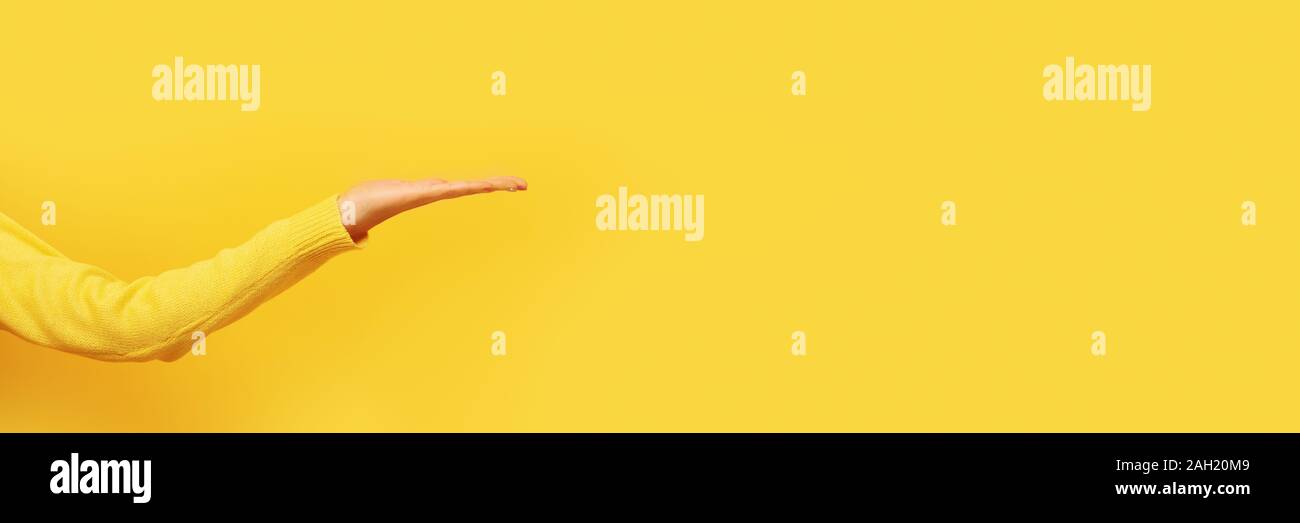 side view of empty open palm, hand gesture of female hand over yellow ...