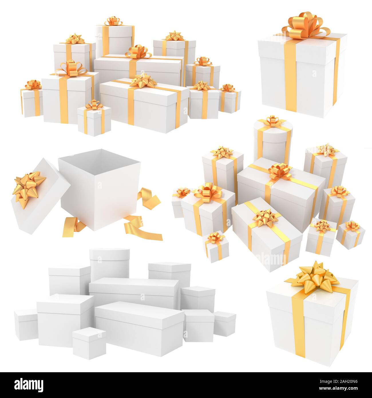 Christmas presents background with golden ribbon - 3D render Stock ...