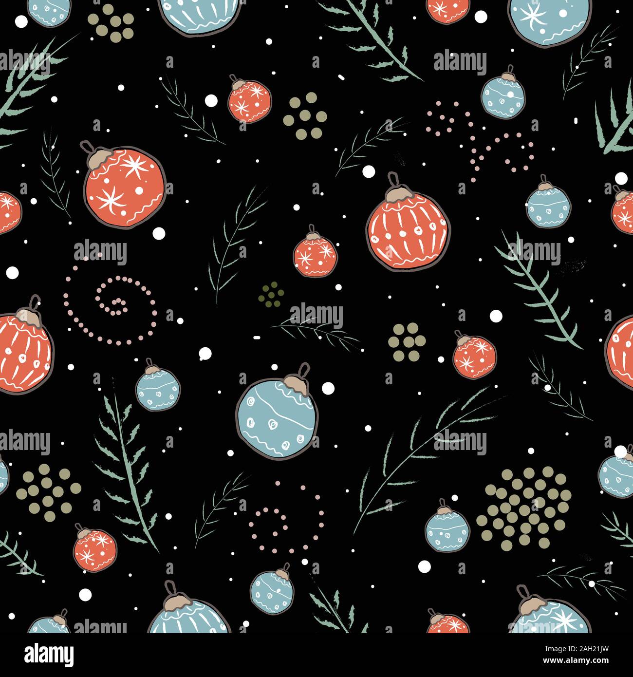 Winter Seamless Pattern with festive ornaments and branches of spruce ...