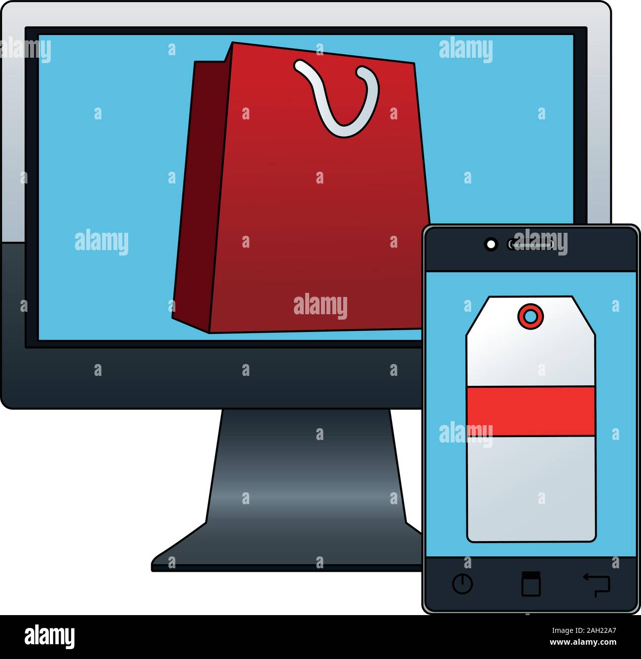 computer with shopping bag on screen and smartphone with price tag on ...
