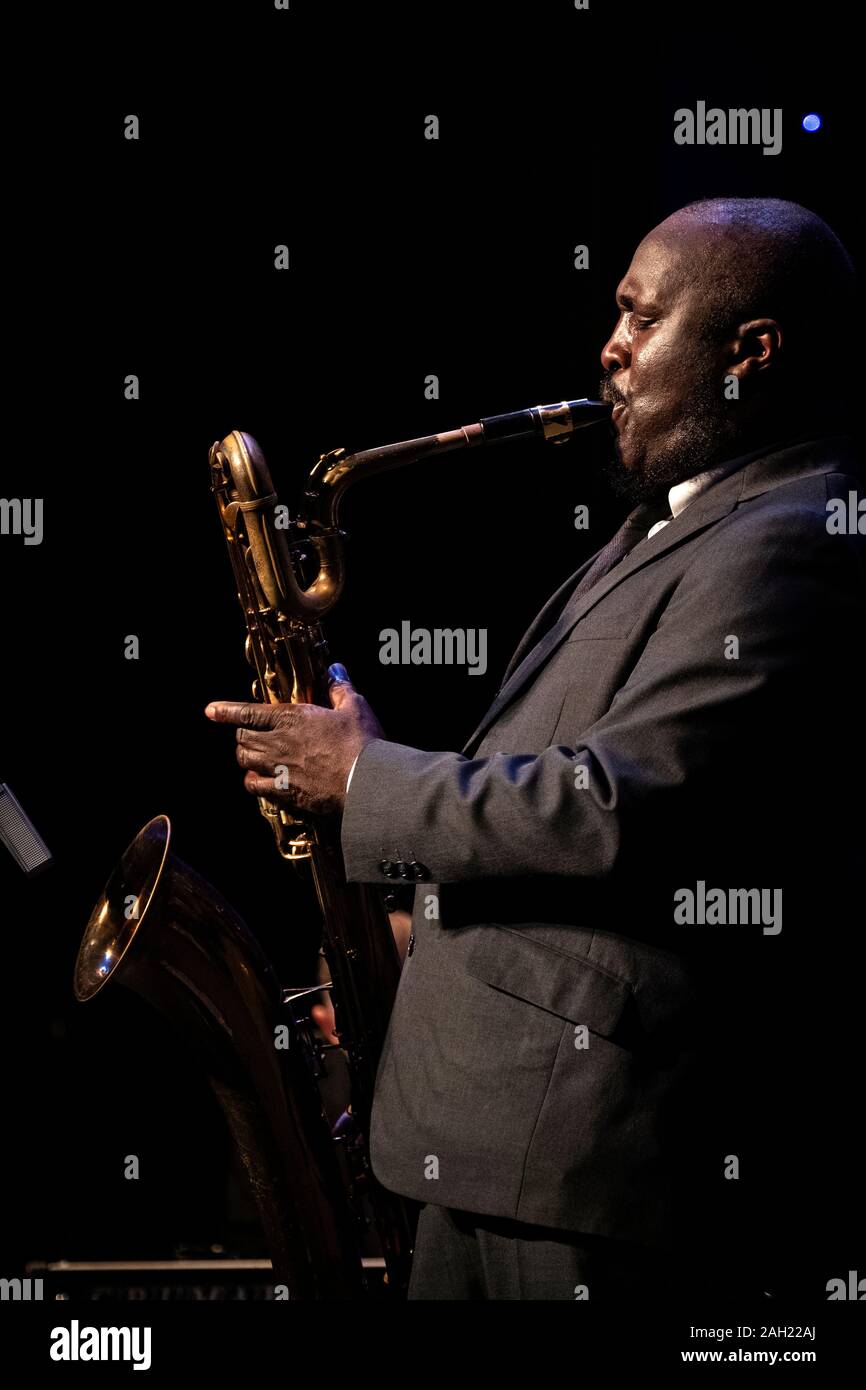 Toni Kofi plays baritone sax at Scarborough Jazz Festival 2019 Stock ...