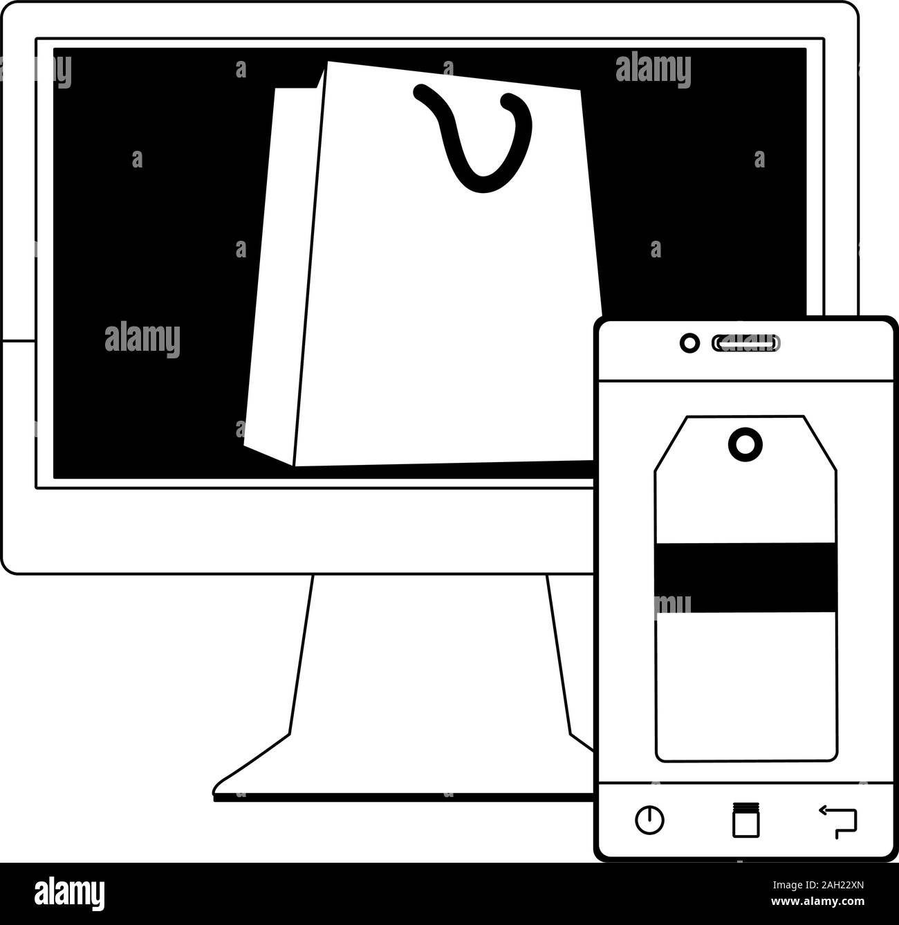 computer with shopping bag on screen and smartphone with price tag on ...