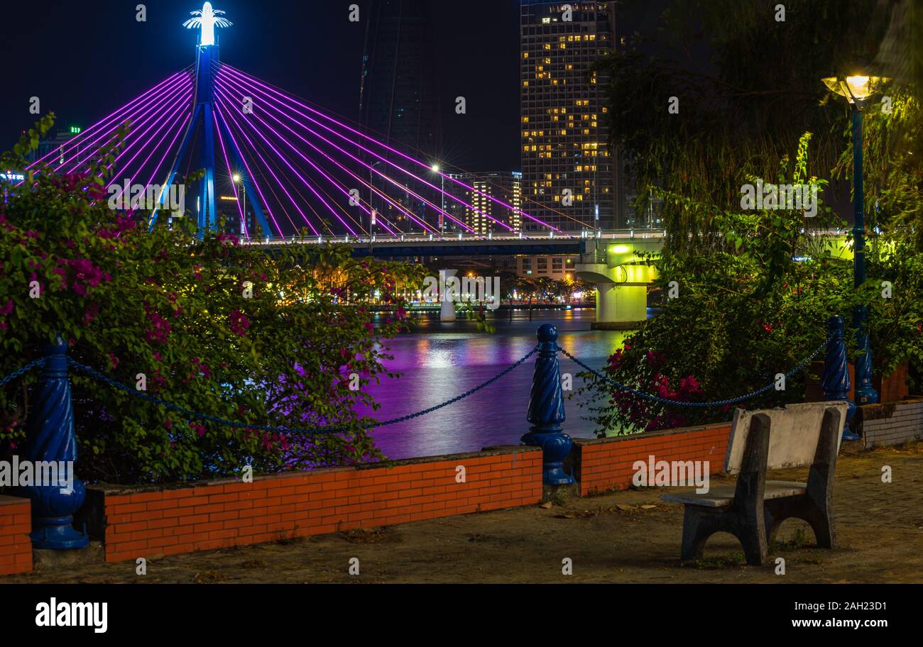 Han River Bridge illuminated at night over The Han River. Da Nang ...