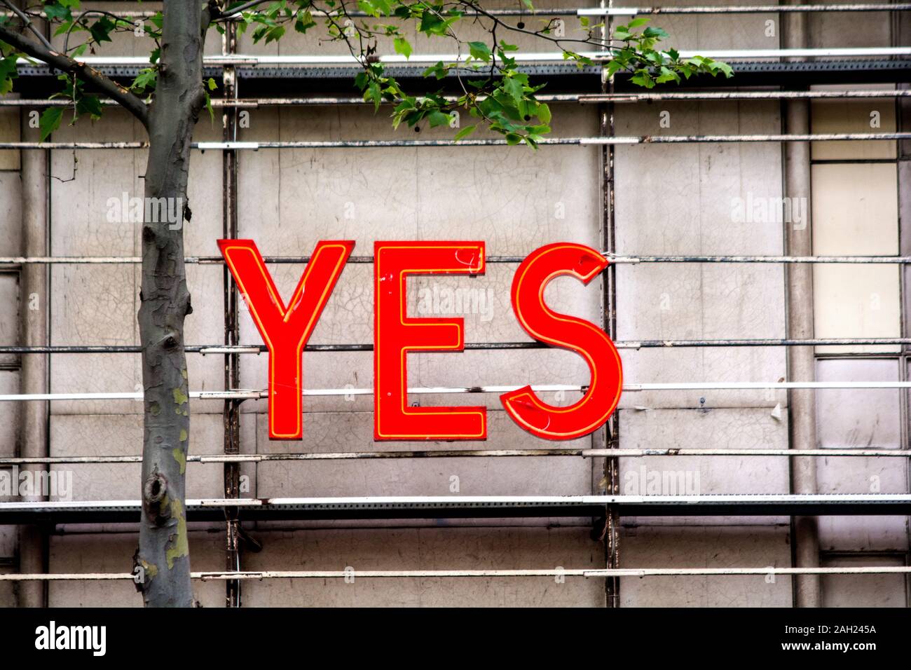 A sign with red neon letters of the word "Yes", outdoors on a wall ...