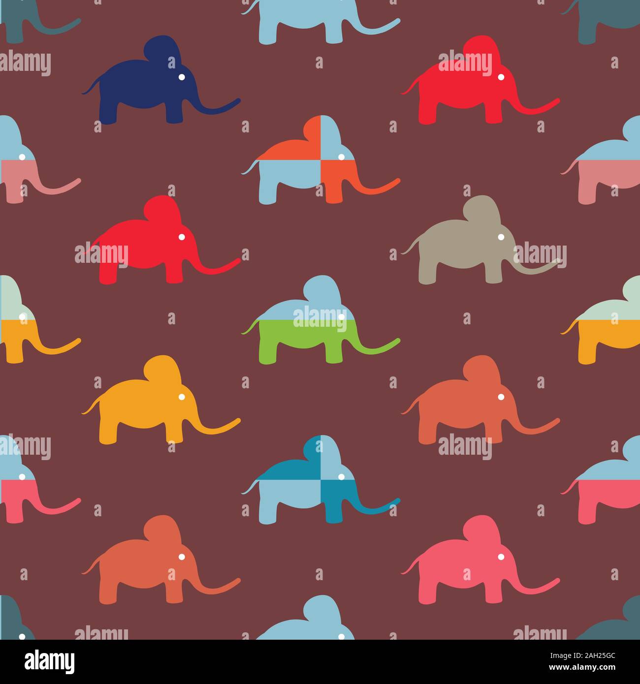 Seamless pattern with funny cartoon elephants on dark background. Flat ...