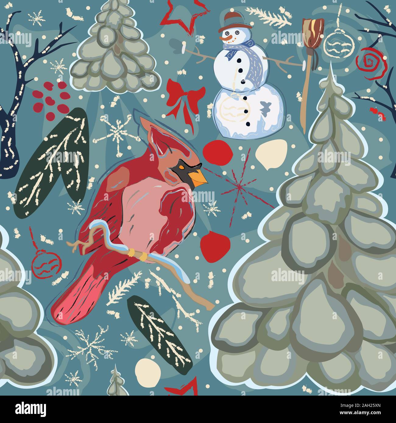 Seamless Winter Pattern with cute Cardinal Bird, Snowman and Spruce ...