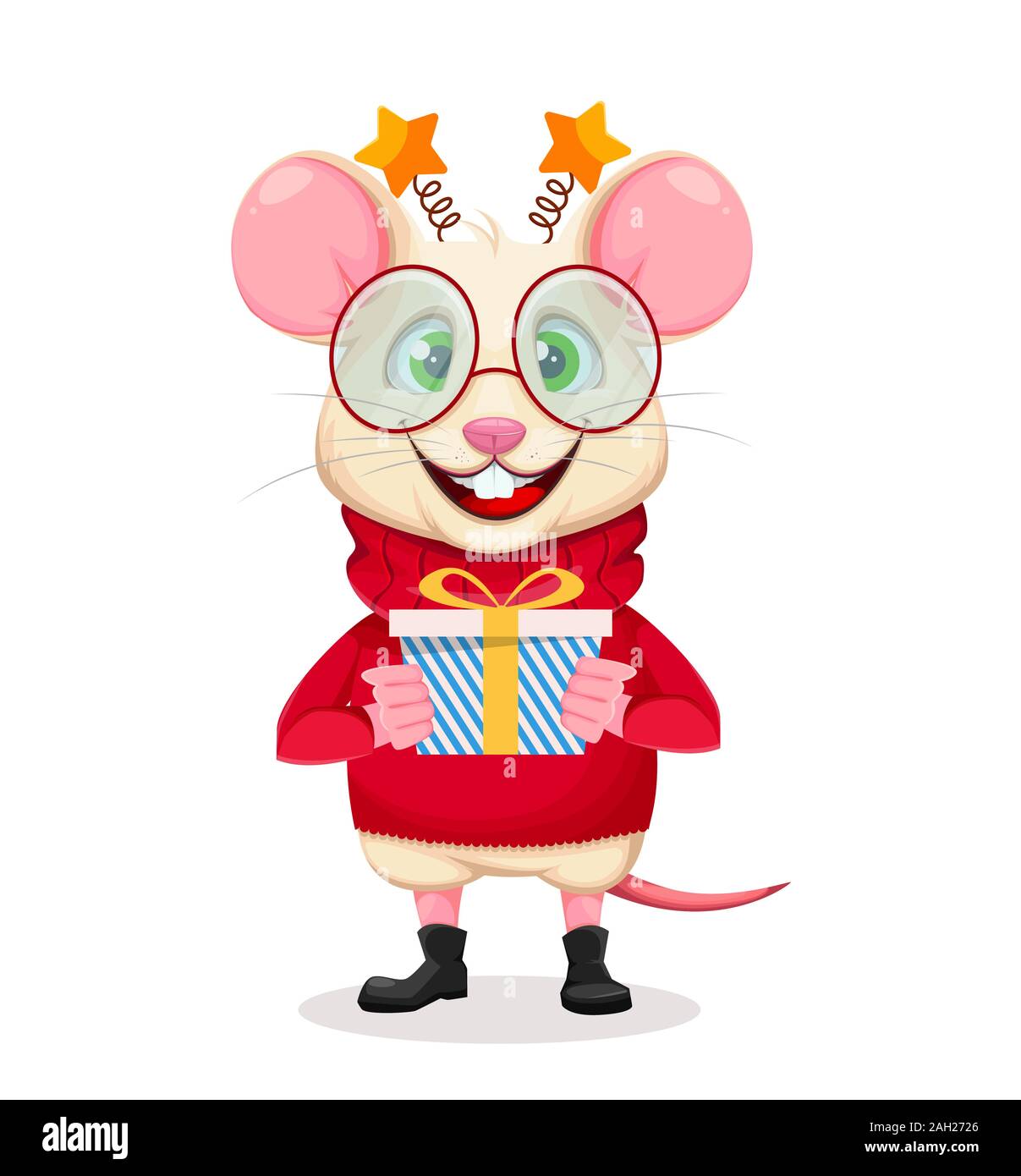 Merry Christmas and Happy New Year. Funny rat in glasses holding gift ...