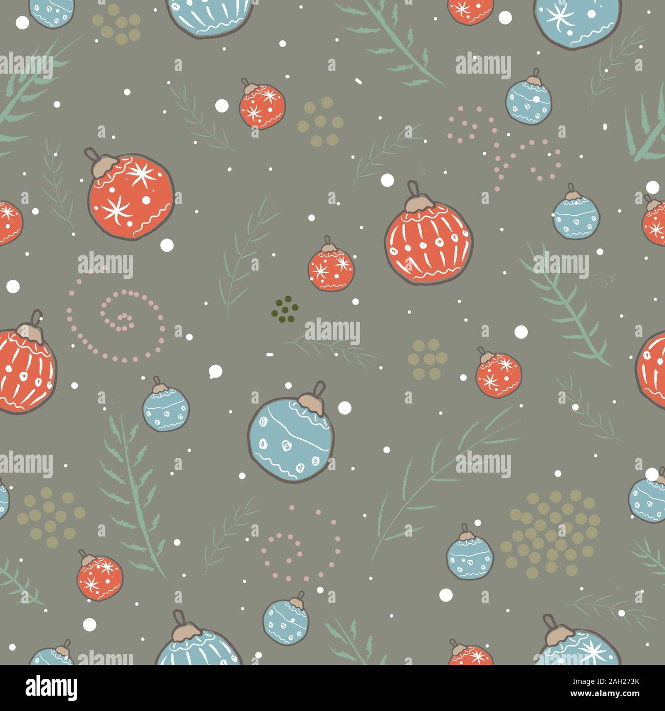 Winter Seamless Pattern with festive ornaments and branches of spruce ...