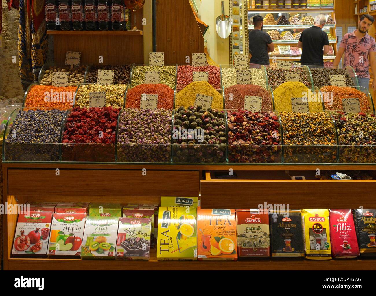 Istanbul, Turkey - September 6th 2019. A display of teas and spices ...