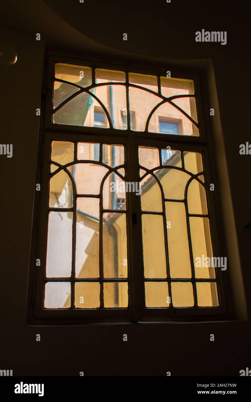 The architecture of the old city of Prague. View from the window in the ...