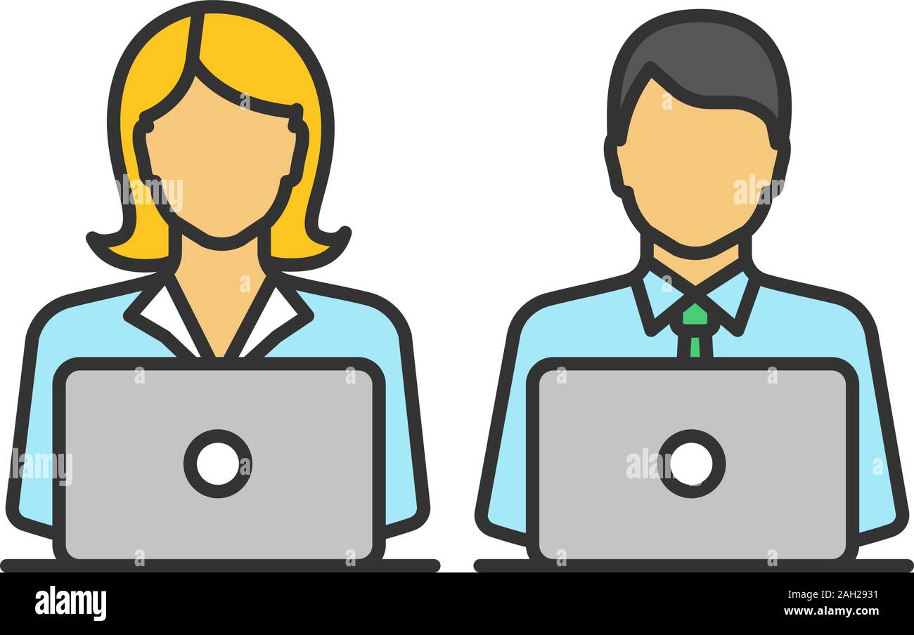 Coworking color icon. Office work. Freelancing. Colleagues working with laptops. Isolated vector ...