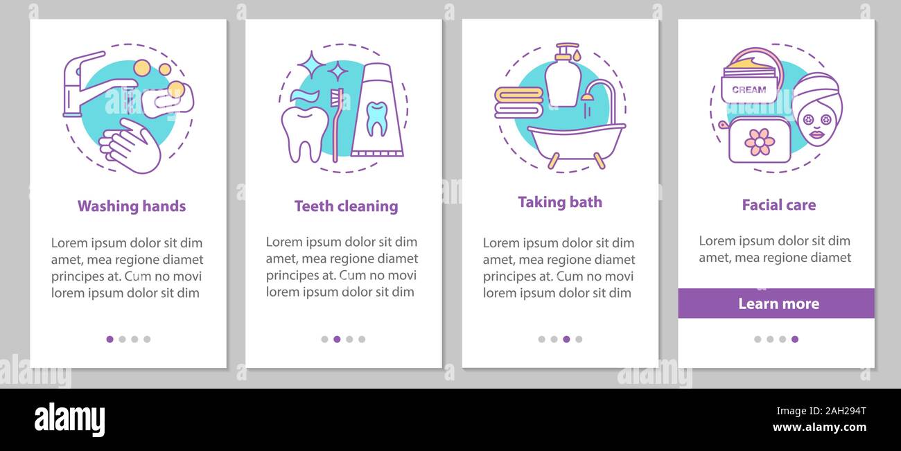 Hygiene onboarding mobile app page screen with linear concepts. Washing ...
