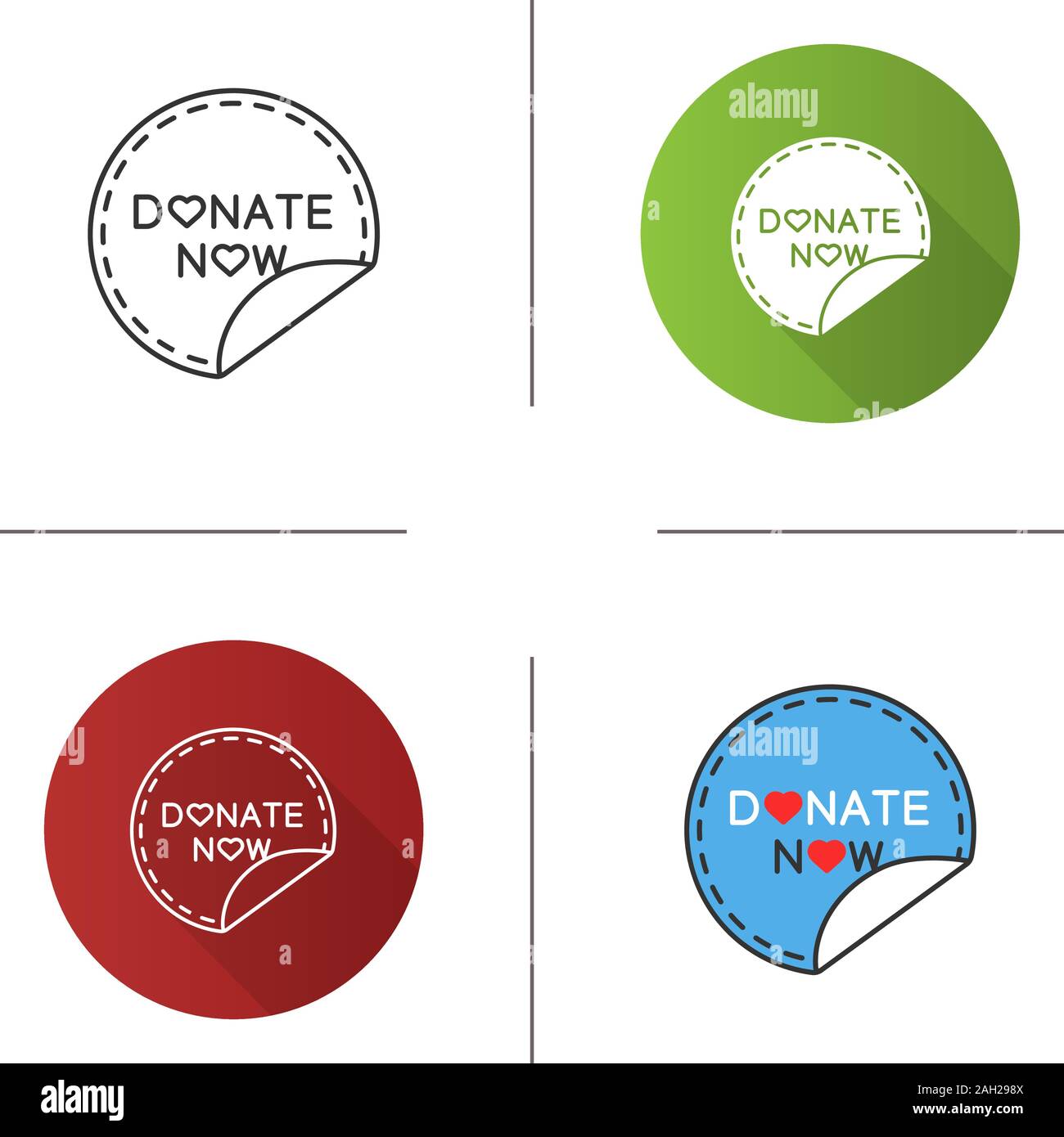 Donate now round sticker icon. Flat design, linear and color styles ...