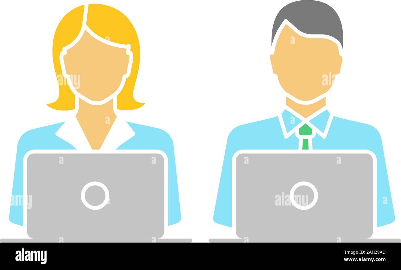 Coworking glyph color icon. Office work. Freelancing. Colleagues working with laptops ...