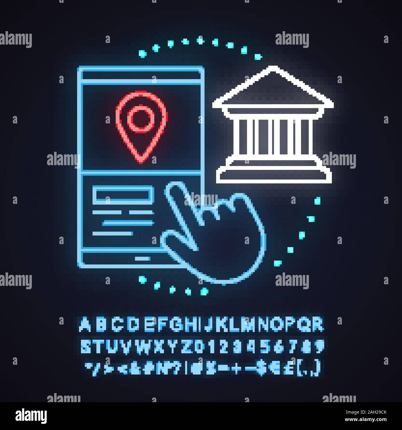 GPS app neon light concept icon. Geolocation idea. Bank or courthouse ...