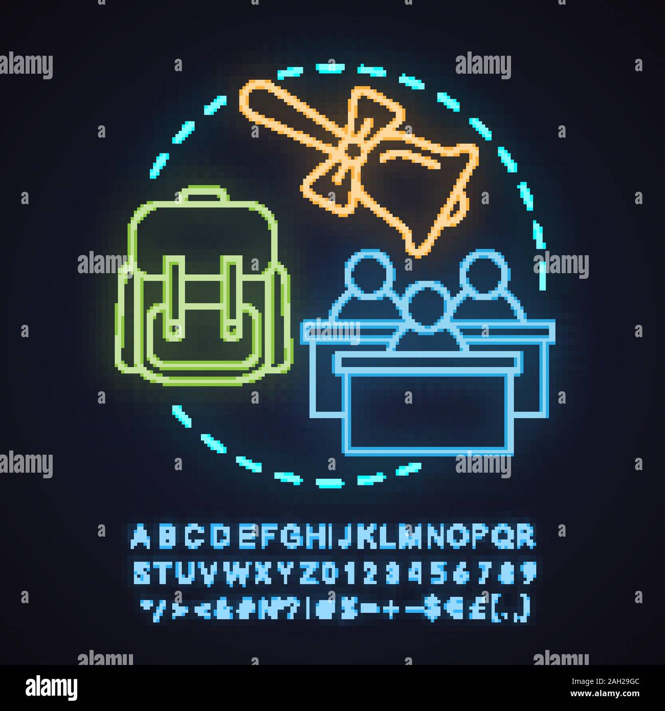 School neon light concept icon. Education idea. Student, lunchbox ...