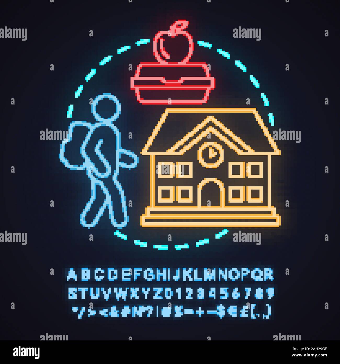 School neon light concept icon. Education idea. Student, lunchbox ...