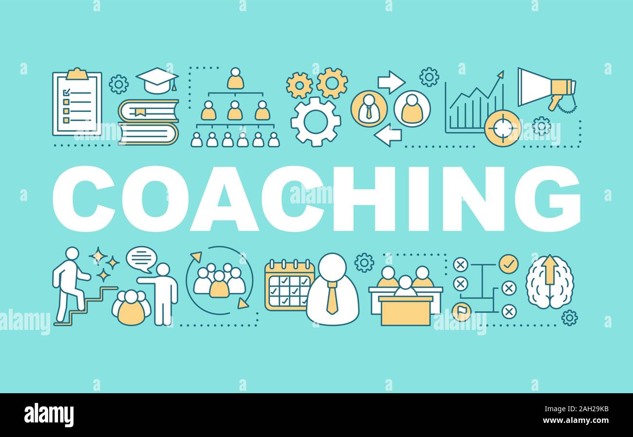 Coaching word concepts banner. Interactive training. Corporate management. Business strategy ...